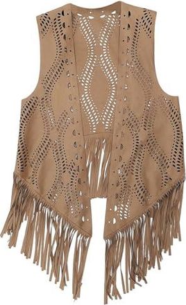 Generic Bkazwe Veste Longue Hippie Femme - Faux Daim &agrave; Franges Vintage - Style Western Ann&eacute;es 70 - Cardigan Ouvert Festival Boh&egrave;me Costume Deguisement Hippie 