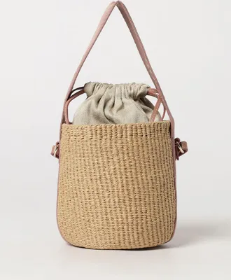 Chlo&eacute; Mini sac seau Woody en raphia avec logo jacquard