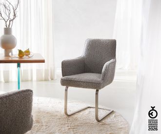 DELIFE Freischwinger Heira-Flex mit Armlehnen Boucl&eacute; Silbergrau Freischwinger flach Edelstahl Taschenfederkern, Esszimmerst&uuml;hle