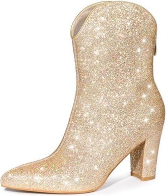 Allegra K Bottes mi-mollet &agrave; paillettes en forme de V avec bout pointu et fermeture &eacute;clair dans le dos, dor&eacute;, 40 EU