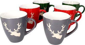 MamboCat 6-er Kaffee-Becher-Set Hirsch konisch Weihnachten I Keramik-Tasse groß mit Hirschkopf - 2X Rot Grün Grau I große Jumbo-Tee-Tasse - Tea & Coffee Mug I 