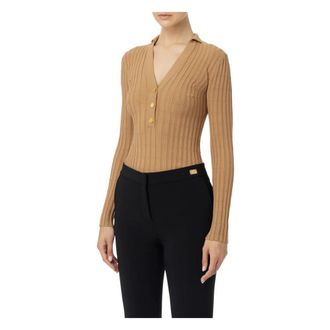 Elisabetta Franchi Gerippter Viskosepullover mit goldenen Kn&ouml;pfen - - Knitwear - Damen - Braun - S