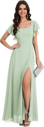 Ever-pretty Robe de Soirée en Mousseline Florale Manches Volantes Col Carré Fente Longue Robe pour Femme Verte Menthe 44