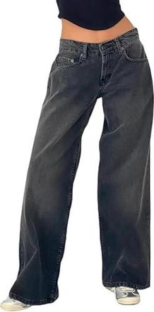 Generic Jean &agrave; jambes larges pour femmes UK Y2k taille basse, jean baggy boyfriend, coupe droite, jambe large &eacute;lastique, jean long en denim, pantalon d&eacute;contra