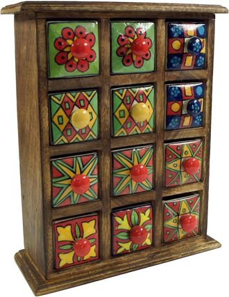 Guru Shop Apothekerschr&auml;nkchen mit Bunten Keramik Schubf&auml;chern, Gew&uuml;rzkiste - 3x4 F&auml;cher, 32x25x10 cm