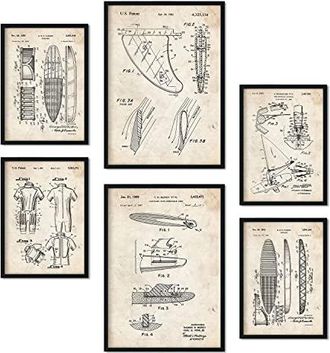 Nacnic Ensemble de 6 affiches de brevets Le surf. Affiches avec des illustrations de brevets r&eacute;tro pour votre maison. D&eacute;coration int&eacute;rieure de style vintage.