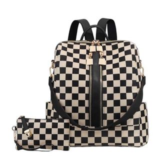 Generic Sac &agrave; dos &agrave; carreaux pour femme, petit sac &agrave; dos de voyage convertible, sac &agrave; bandouli&egrave;re multi-poches, sac &agrave; dos &agrave; carreaux, a-noir, M