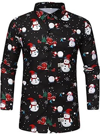 Generic Chemise de No&euml;l Homme Slim Fit- Imprim&eacute; 3D Drole Bonhomme de Neige Manches Longues Col Revers Button Down Blouse de Travail D&eacute;contract&eacute;e No&euml;l pour F&ecirc;t