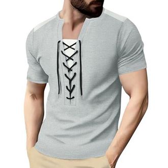 Generic Chemise d&eacute;t&eacute; l&eacute;g&egrave;re Henley pour homme - Col en V - Manches courtes - Motif gaufr&eacute; - Chemise d&eacute;contract&eacute;e - Polo avec lacets - Chemise &agrave; manches courte