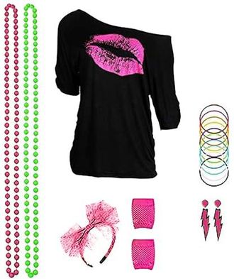 Generico Tenue des ann&eacute;es 80 et 90 pour femme - T-shirt chauffe-jambes avec bandeau pour la t&ecirc;te, boucles doreilles, collier, gants en filet, accessoires de f&ecirc;