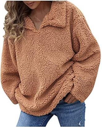 Generic 2026 Vestes pour femmes, pull-over molletonn&eacute;, sweat-shirt &agrave; manches longues, style d&eacute;contract&eacute; &agrave; revers, beige, XXL