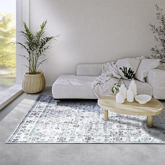 Elle Decoration Saveh Teppich - Klassischer Rutschfester Vintage Design Kurzflor Teppich für Schlafzimmer, Esszimmer, Wohnzimmer, Flur, Küche - Creme Blau,