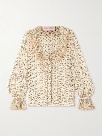 Valentino Garavani Chemisier En Mousseline De Soie À Pois, Volants Et Finitions En Dentelle - Crème