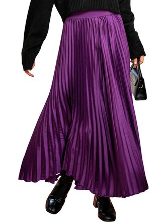Cupshe Damen Satin Rock Plissee Maxi High Waist mit elastischem Bund A-Linie Gl&auml;nzend Elegant Abend Partyrock Violett S