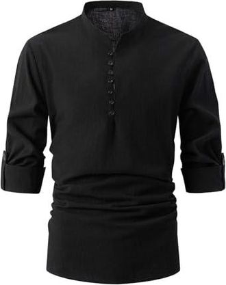 Generic Chemise &agrave; demi-boutons pour homme, chemise en coton et lin, chemises minimalistes de couleurs unies, chemises respirantes et polyvalentes, confortable