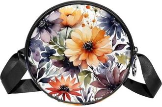 Generic Petit sac &agrave; bandouli&egrave;re circulaire pour femme, motif feuilles florales, sac &agrave; dos avec fermeture &eacute;clair, bretelles r&eacute;glables, sac &agrave; main rond d&eacute;contra