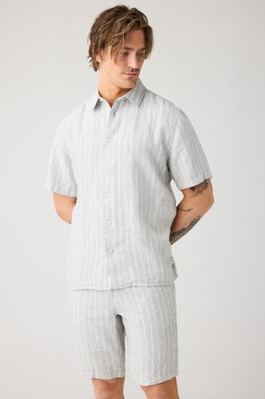 Knowledge Cotton Apparel Herren vegan Hemd Relaxed Leinen Streifen Grau