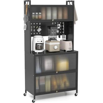 Costway Meuble Cuisine Rangement 5 Niveaux, Etagere Rangement Cuisine en Fer, Portes Battantes, 10 Crochets, Support Micro-Ondes (Noir)