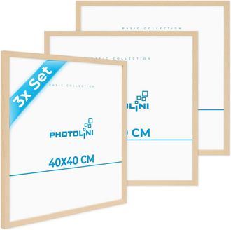Photolini Bilderrahmen 40x40 Natur, 3er Set Bilderrahmen quadratisch 40x40 Holz MDF mit bruchsicherem Acrylglas, Rahmen 40 x 40 zum Aufhängen mit Zubehör - Pict