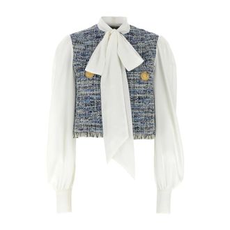 Balmain Blaues Tweed-Einsatzhemd mit Schleife - - Blouses & Shirts - Damen - Mehrfarbig - S
