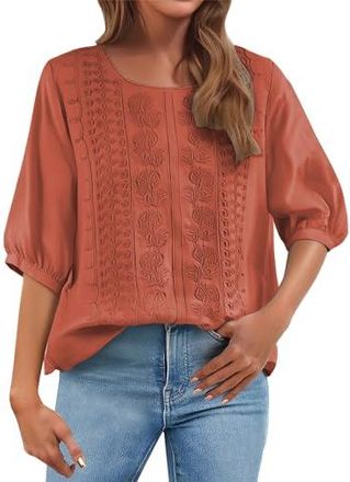 Generic Chemisier en lin pour femme - Manches 3/4 - Chemisier folklorique - Col rond - Avec boutonni&egrave;re - &Eacute;l&eacute;gant et ample - Broderie - Motif floral - Couleur