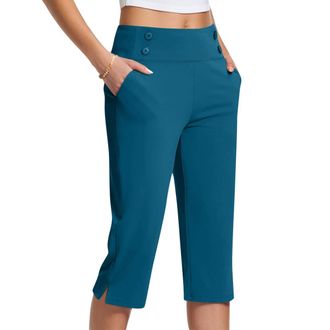 Onsoyours Caprihose Damen 3/4 Bauchkontrolle Workout Leggings Leicht Sommer Slim Fit Sporthose A Pfauenblau L