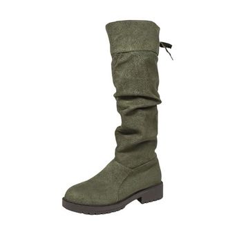 Generic Bottes hautes pour femme confortables &agrave; bout rond et talon &eacute;pais &agrave; lacets, bottes longues pliss&eacute;es pour lautomne et lhiver, Vert, 40.5 EU