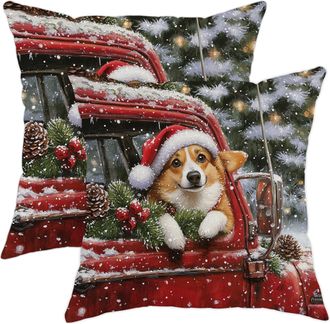 Generic Weihnachts-Corgi-Hund Kissenbezug Quadratische Kissenbez&uuml;ge Weich Zierkissenbezug F&uuml;r Heimdekoration Sofa Schlafzimmer 45X45Cm 2Er Set