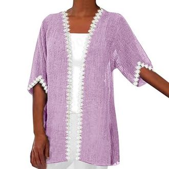 Generic Cardigan d&eacute;t&eacute; &agrave; manches 3/4 en lin pour femme - Cardigan long d&eacute;t&eacute; l&eacute;ger pour femme - Chemises blanches boh&egrave;me baggy chemises de vacances chemisiers t