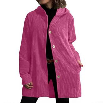 Generic 2026 Veste &agrave; capuche en velours c&ocirc;tel&eacute; &agrave; manches longues pour femme, boutonni&egrave;re unie, veste ample en velours c&ocirc;tel&eacute; pour lautomne, Rouge chin&eacute;, XL