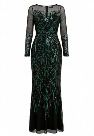 Goddiva Maxikleid Long Sleeve Sequin Flame Maxi Langes Kleid, Samt, Rundhals