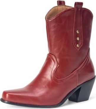 Generic Bottines Femme Style Western Bout Carré Talons Bloc Tige PU Ornements Cloutés Faciles À Enfiler Antidérapantes Durables Confortables Élégantes Quotidi