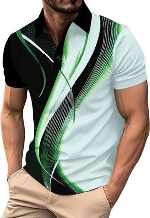 Generic Chemise ray&eacute;e en maille pour homme - Style d&eacute;contract&eacute; - Col &agrave; revers - Rayures - Couleurs contrast&eacute;es - T-shirt &agrave; manches courtes, Vert, 3XL