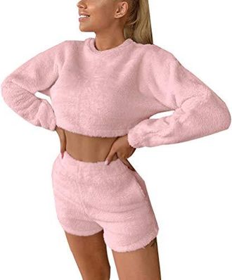 Minetom Femmes Automne Hiver Ensemble De Deux Pièces Pyjamas Chaud Corail Velours Vêtements De Nuit Mignon Sweatshirt Crop Tops et Shorts Rose XL