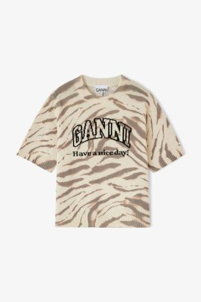 Ganni Pull &agrave; manches courtes en laine graphique Blanc - Pour Femme