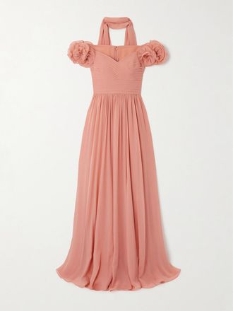 Elie Saab Schulterfreie Robe Aus Seiden-georgette Mit Falten Und Verzierungen - Pink