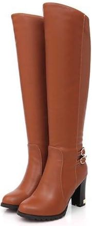 Generic Marron,43 EU,Bottes Hautes en Cuir PU pour Femmes, Bout Rond, Talons Hauts et épais avec Double Boucle de Ceinture, Bottes Longues dautomne et dhiver,