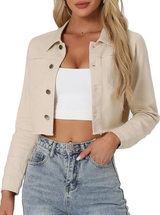 Allegra K Damen Langarm Denim Jacken Button Up Washed Umlegekragen Cropped Jeansjacke Beige XL
