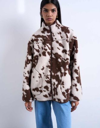 Topshop Veste en polaire imitation peau de mouton &agrave; imprim&eacute; vache-Multicolore