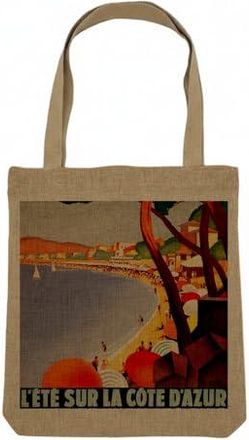 Fabulous Sac Shopping Tote Bag Aspect Lin - Ete Sur la Cote DAzur Affiche Poster Vintage Voyage Art Deco 30s - Sac de Courses Toile Epaisse 360g Beige Naturel 