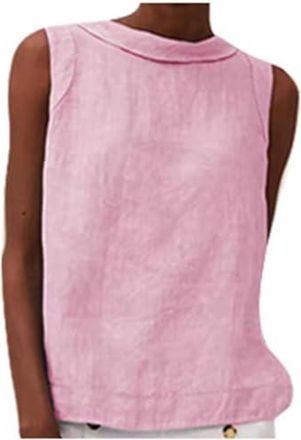 Generic T-shirt Femme Coton et Lin Couleur Unie Col Rond Pull Court Décontracté Couleur Unie Sans Manches Femme Pull Brun Foncé, Rose, XXL