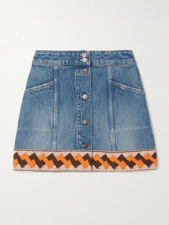 Valentino Garavani Mini-jupe En Jean &Agrave; Finitions En Jacquard - Bleu