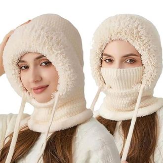 Generic Bonnet 3 en 1 pour femme avec &eacute;charpe et masque, doublure en polaire coupe-vent, cagoule chaude tricot&eacute;e, bonnets de ski, beige, Taille unique