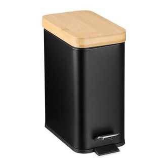 Relaxdays Mülleimer Bad, 5 Liter, entnehmbarer Inneneimer, Kosmetikeimer, Metall, Badmülleimer mit Bambusdeckel, schwarz