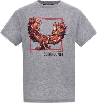 Roberto Cavalli Homme, Tops, Gris, Taille: XL T-shirt avec logo et impression daigle