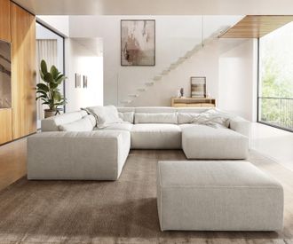 DELIFE Wohnlandschaft Sirpio 300x210 cm Boucl&eacute; Creme-Wei&szlig; Recamiere variabel mit Hocker, Wohnlandschaften