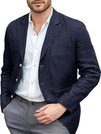 Generic Veste de costume l&eacute;g&egrave;re en lin pour homme - 3 boutons - Blazer non doubl&eacute; - Pour l&eacute;t&eacute;, la plage, le sport - Avec poche, bleu marine, 3XL