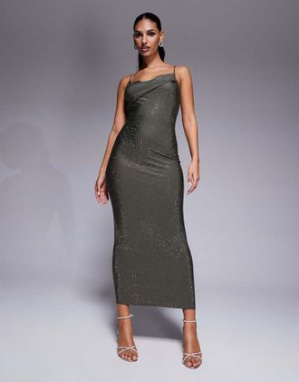 Asos Robe mi-longue effet sculptant en jersey avec clous et &eacute;paule rabattue - Gris