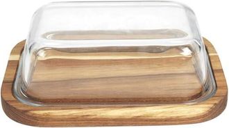 The Home Deco Factory Butterdose aus Glas und Akazie, 19 x 14 cm