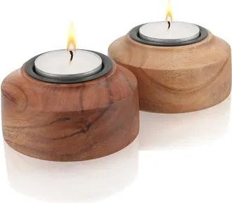 Com-Four 2X photophore en Bois dacacia - bougeoir avec Base en Bois dacacia - bougeoir en Bois pour Bougies Chauffe-Plat et Bougies votives jusqu&agrave; 4 cm &Oslash; (02 p